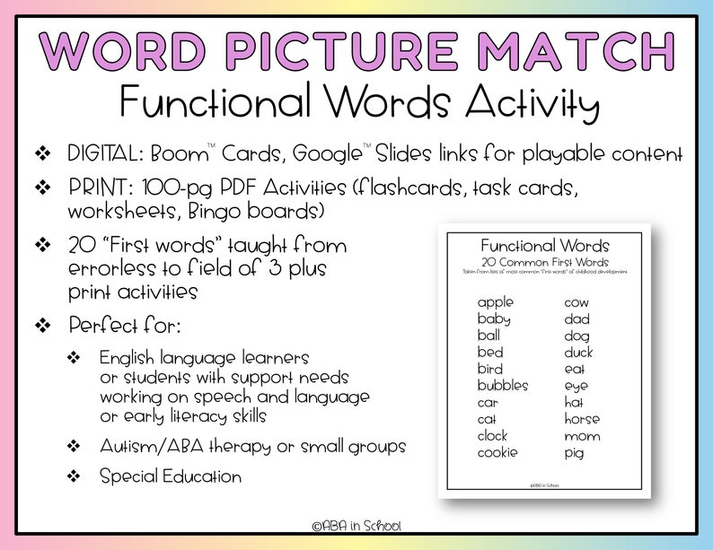 Word Picture Match Functional Words List With Pictures BUNDLE | ABLLS ...
