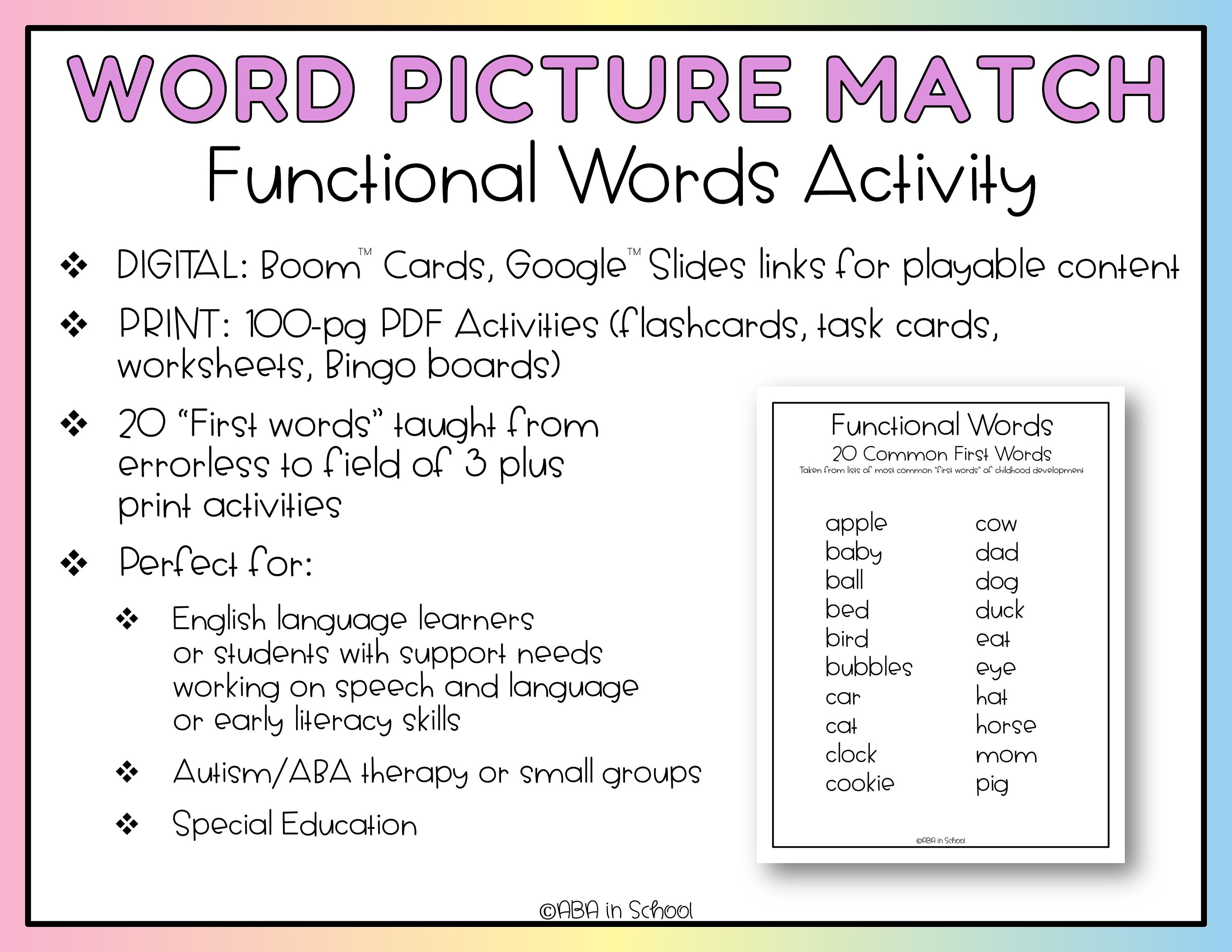 Word Picture Match Functional Words List With Pictures BUNDLE | ABLLS ...
