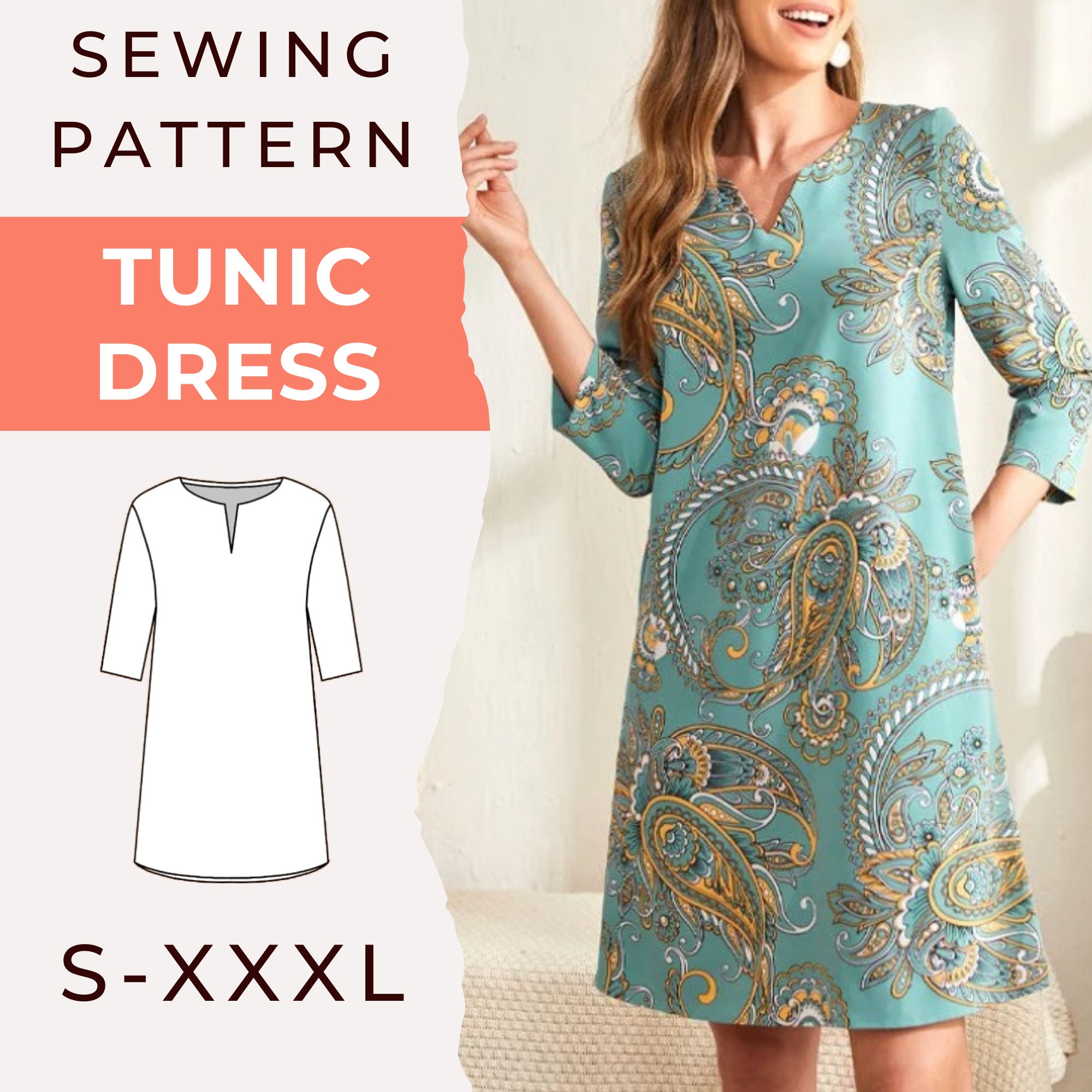 Sewing Pattern Tunic Dress, S-XXXL, Easy Digital PDF, Sundress Sewing ...