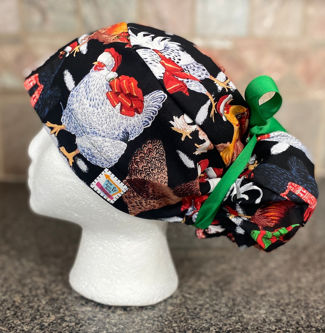 Santa Chicken Chickens Surgical Ponytail Scrub Cap Hat Unisex Womens ...