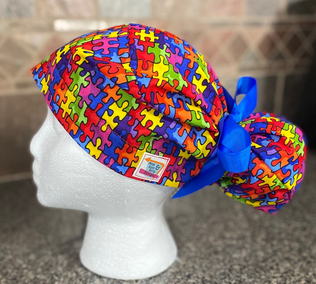 Autism Awareness Puzzle Piece Surgical Ponytail Scrub Cap Hat Women’s ...