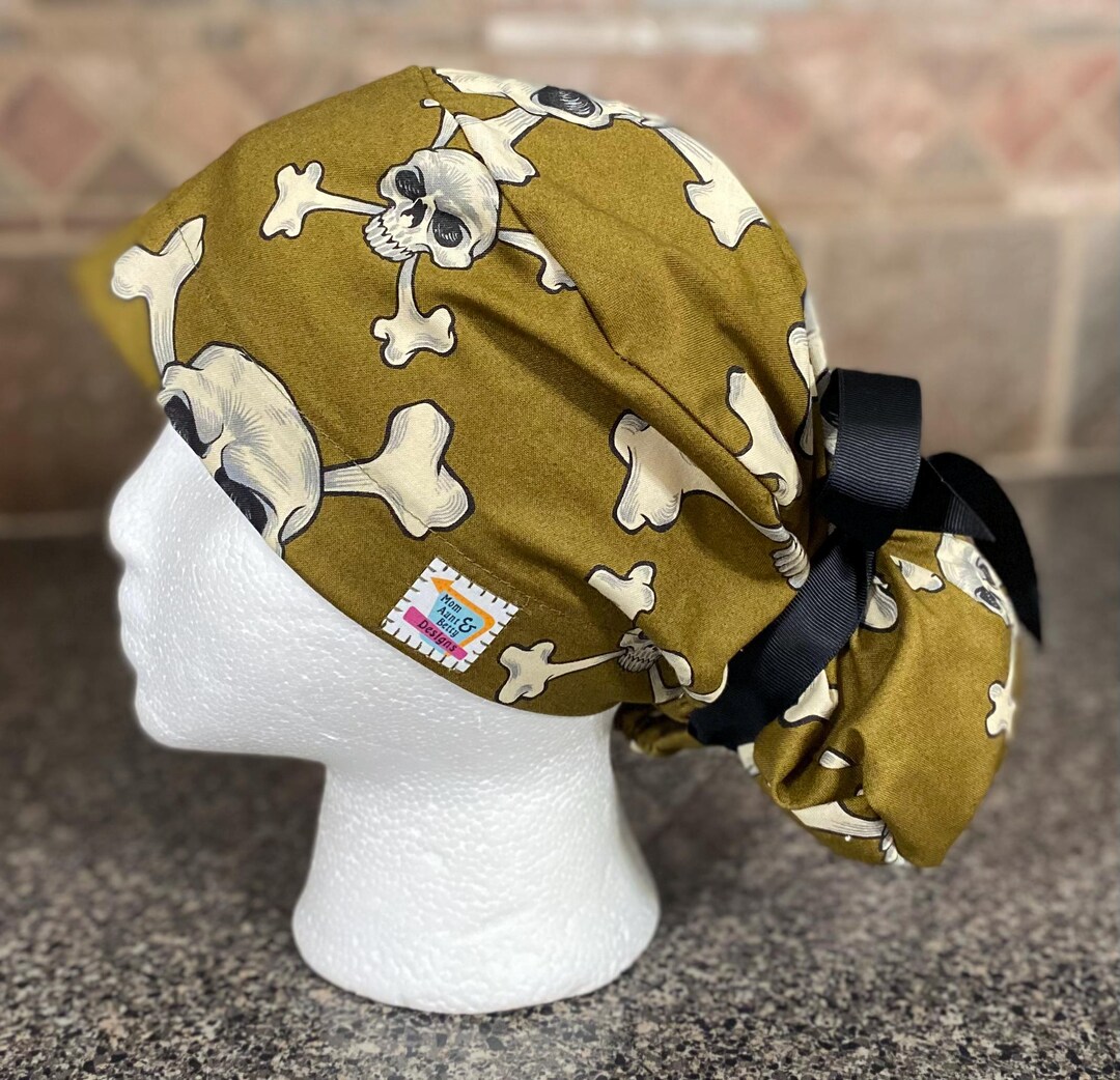Skull and Crossbones Surgical Ponytail Scrub Cap Hat Halloween Autumn ...