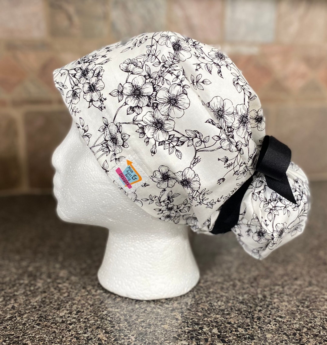Black & White Toile Adjustable Ponytail Surgical Scrub Cap Hat Womens ...