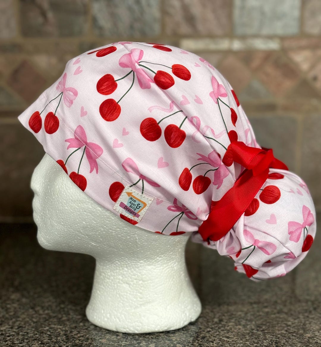 Coquette Bow Surgical Ponytail Scrub Cap Hat Womens Pink Adjustable ...