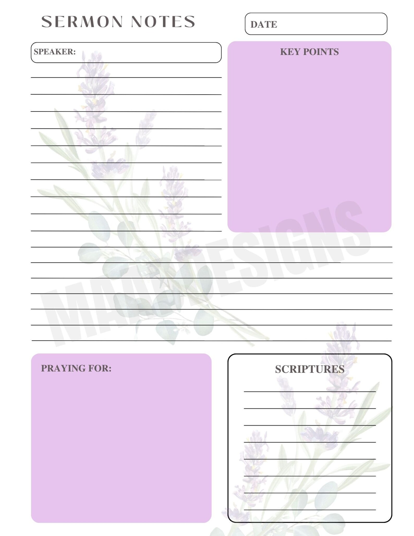 Printable Sermon Notes Page Bible Study Lavender Purple A4 A5 Letter ...