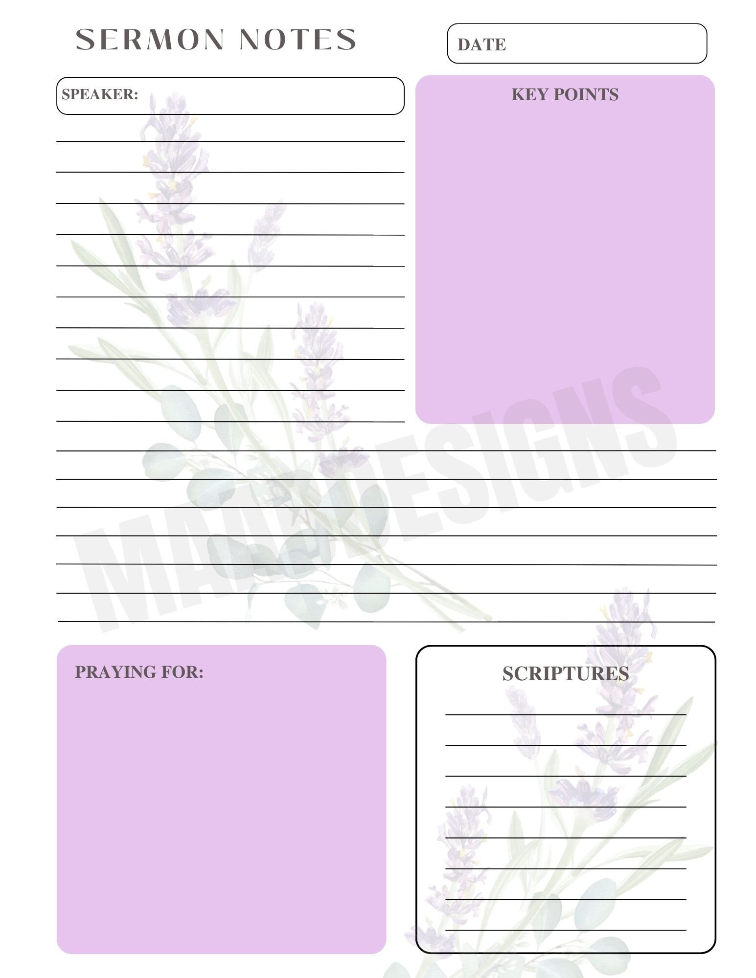 Printable Sermon Notes Page Bible Study Lavender Purple A4 A5 Letter ...