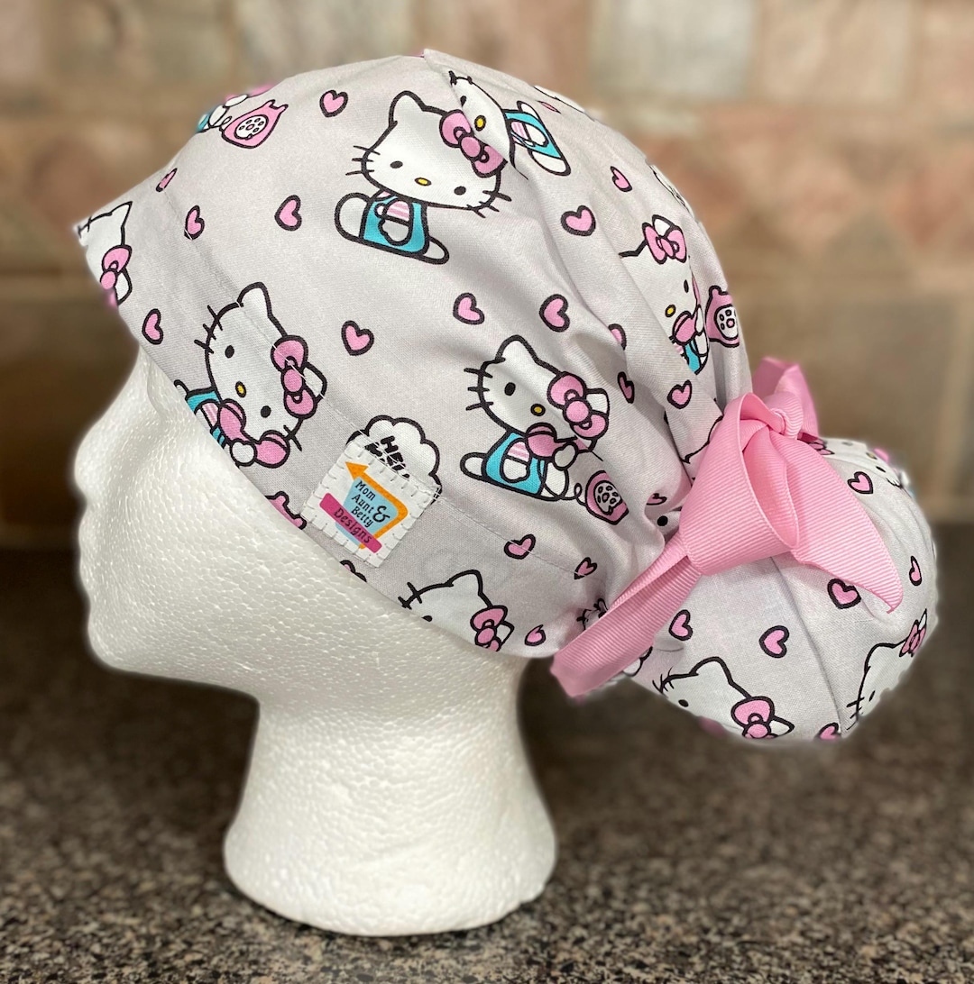 Kitty Surgical Ponytail Scrub Cap Hat Womens Hello Pink Adjustable ...