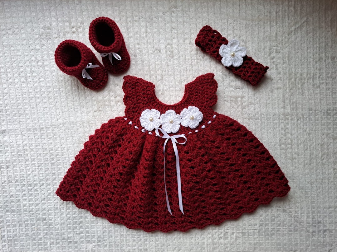 Adorable Deep Ruby Red and White Crochet Dress With Matching Headband ...
