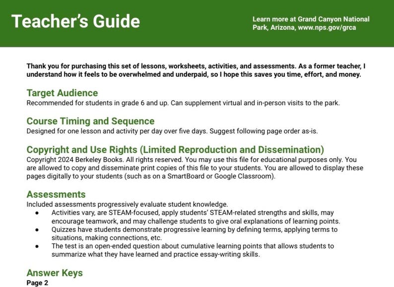 Printable Grand Canyon National Park Lesson Plans, Quizzes, Activities ...