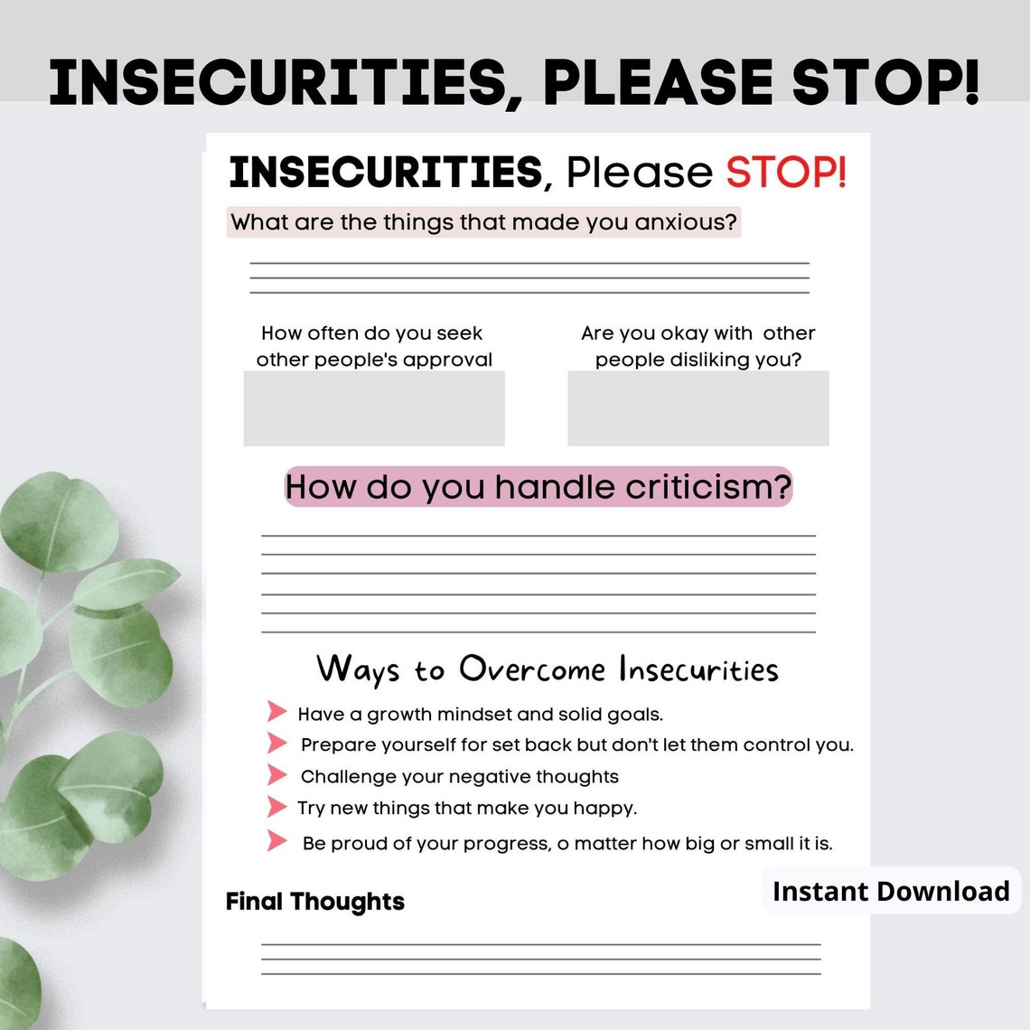 Insecurities Please Stop,printable Planner,mental Health Journal ...