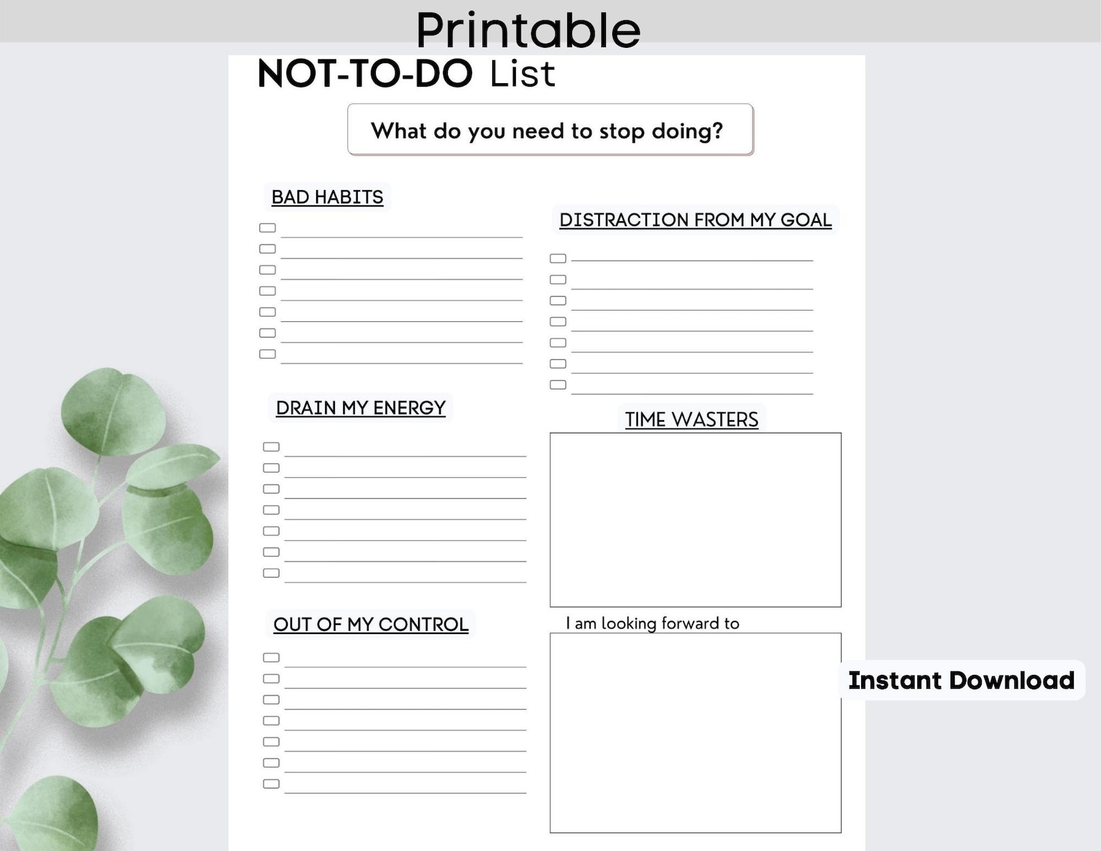 Printable Not to Dolist,printable to Do List,printable Checklit,instant ...