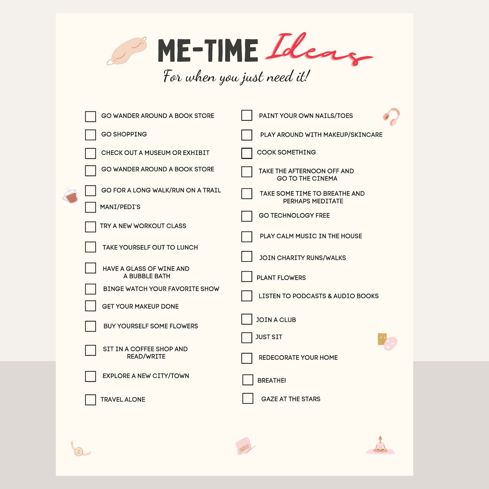 Me Time Ideas Checklist, Self Care Planner, Wellness Journal, Self Care ...