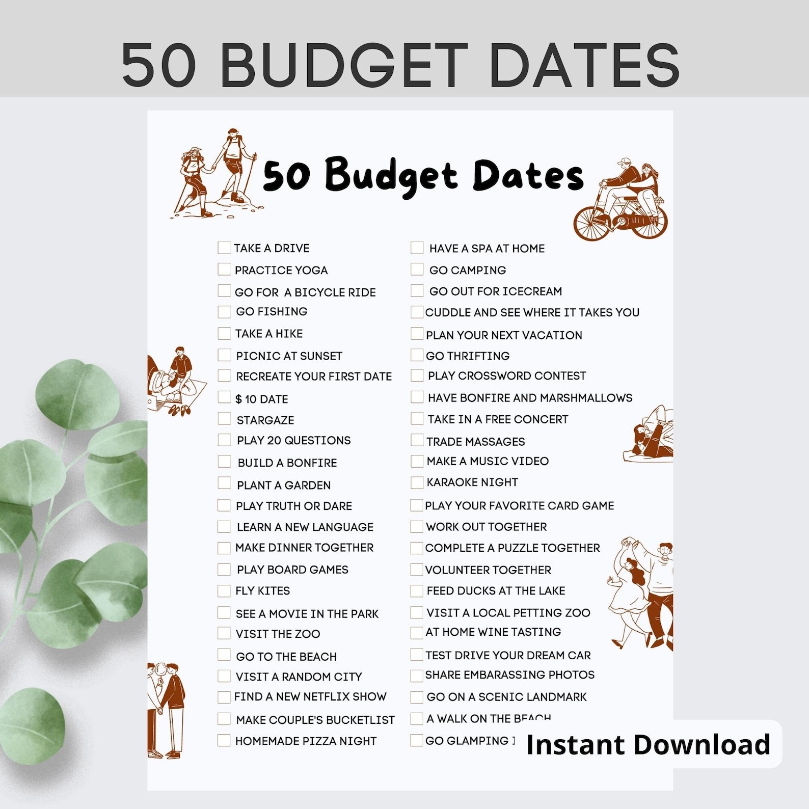 50 Budget Dates,printable Bucket List ,date Ideas,couple Goals,date ...