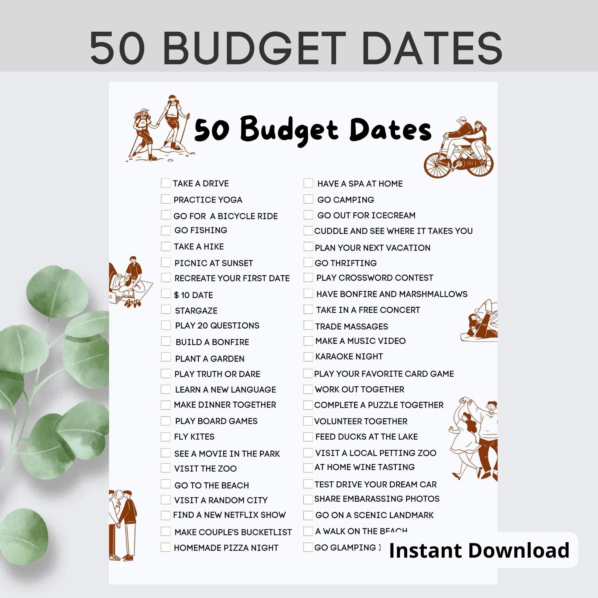 50 Budget Dates,printable Bucket List ,date Ideas,couple Goals,date ...