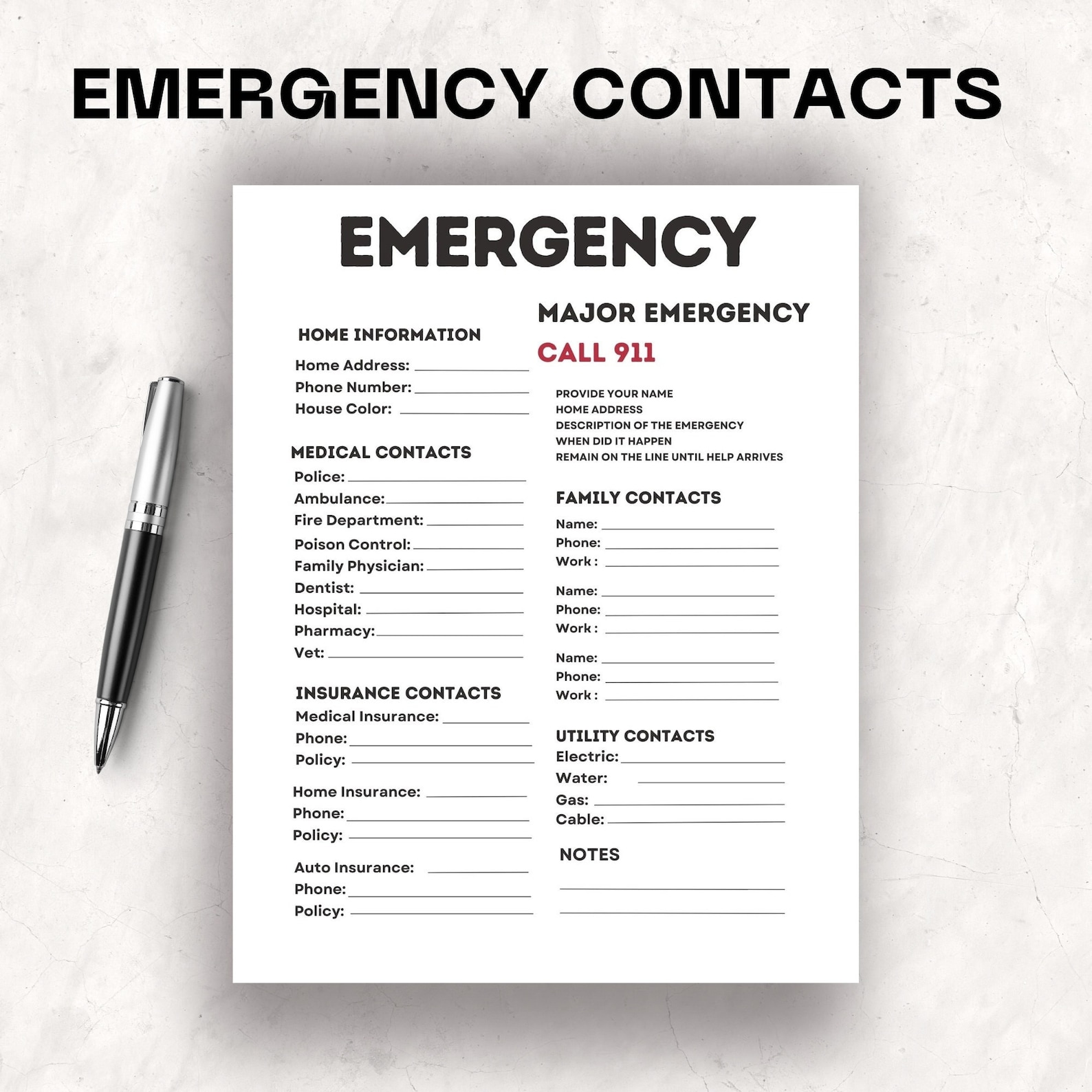 Emergency Contacts, Printable Emergency List,contact Information ...