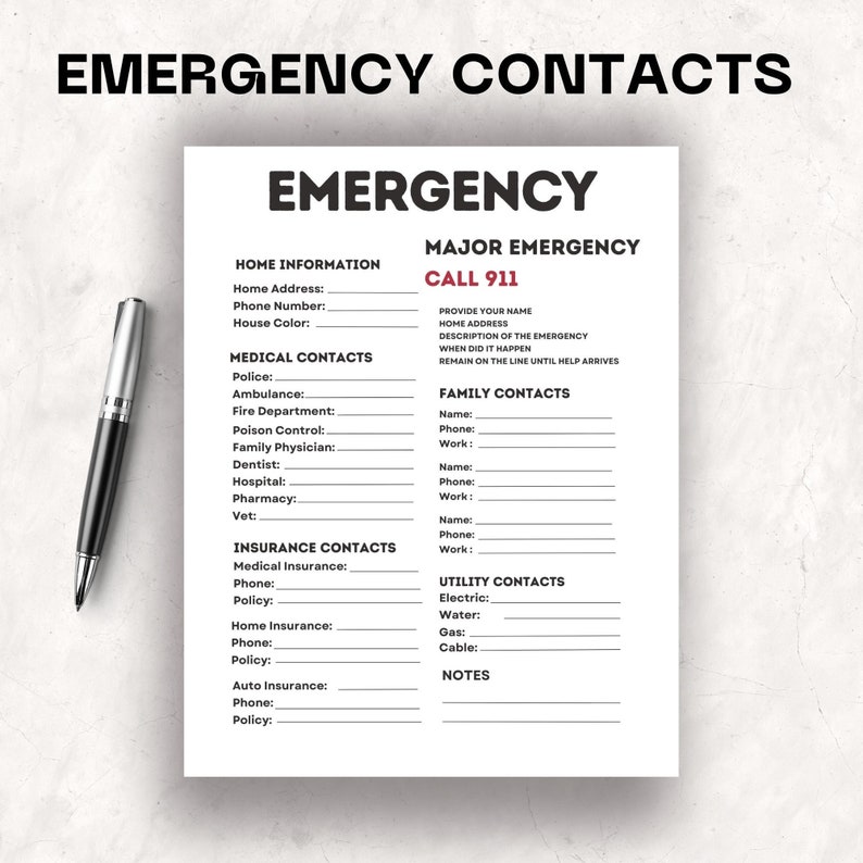 Printable Emergency Contact List: Medical & Family Information (PDF) - Etsy