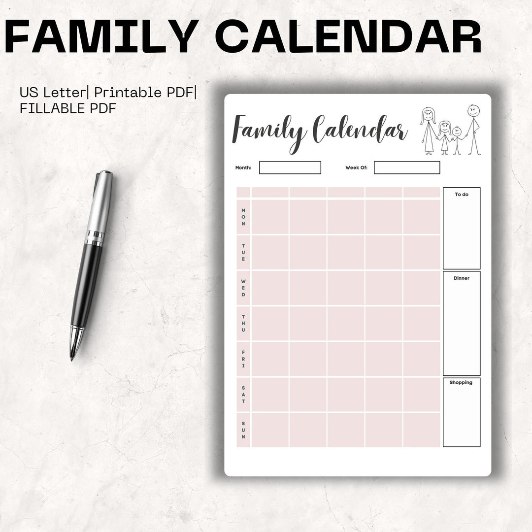 Family Calendar,printable Calendar,family Event Organizer,fillable Pdf ...