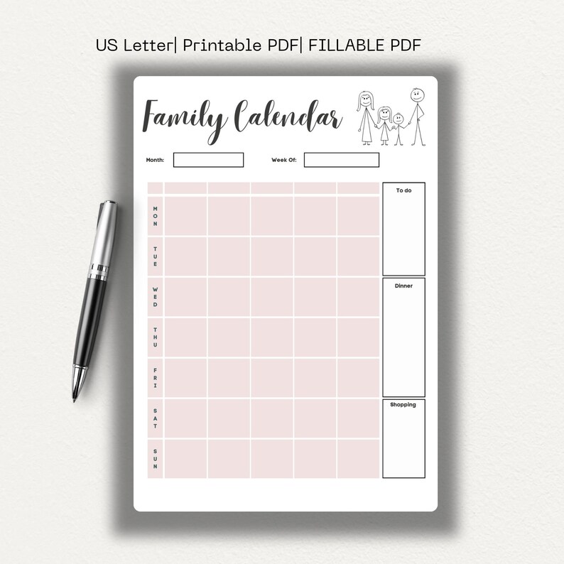 Printable Family Calendar, Fillable PDF Organizer (digital Product) - Etsy