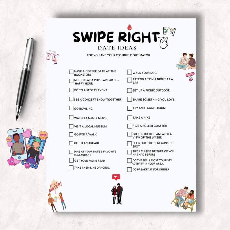 Swipe Right Date Ideas Printable Bucket List Printable Date Ideas - Etsy