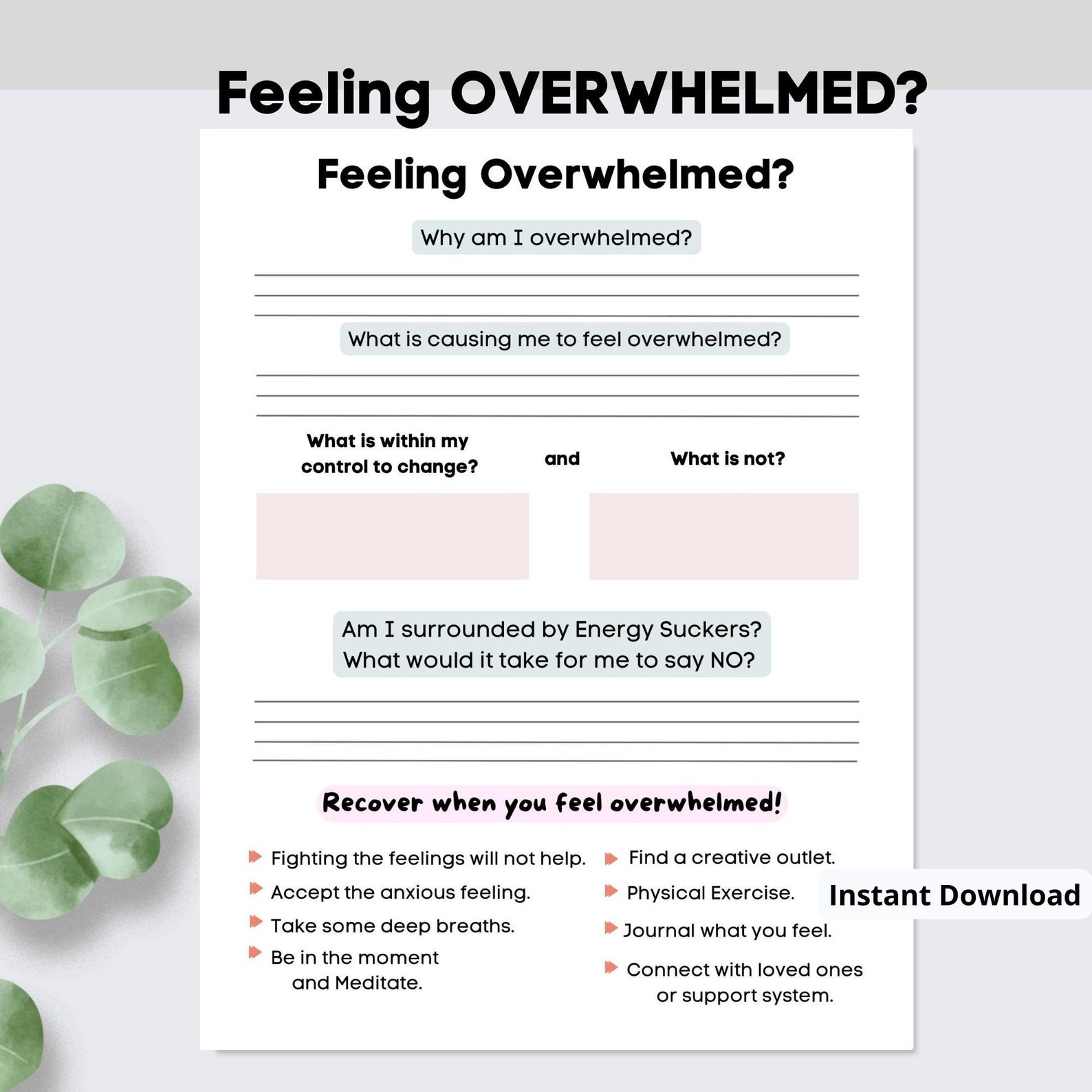 Feeling Overwhelmed Printable|printable Journal|journal Prompt|self ...