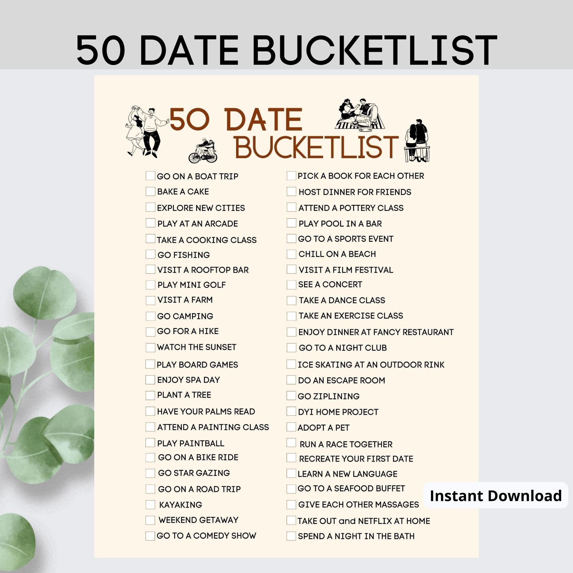50 Date Bucket List Printable for Couples (PDF) - Etsy