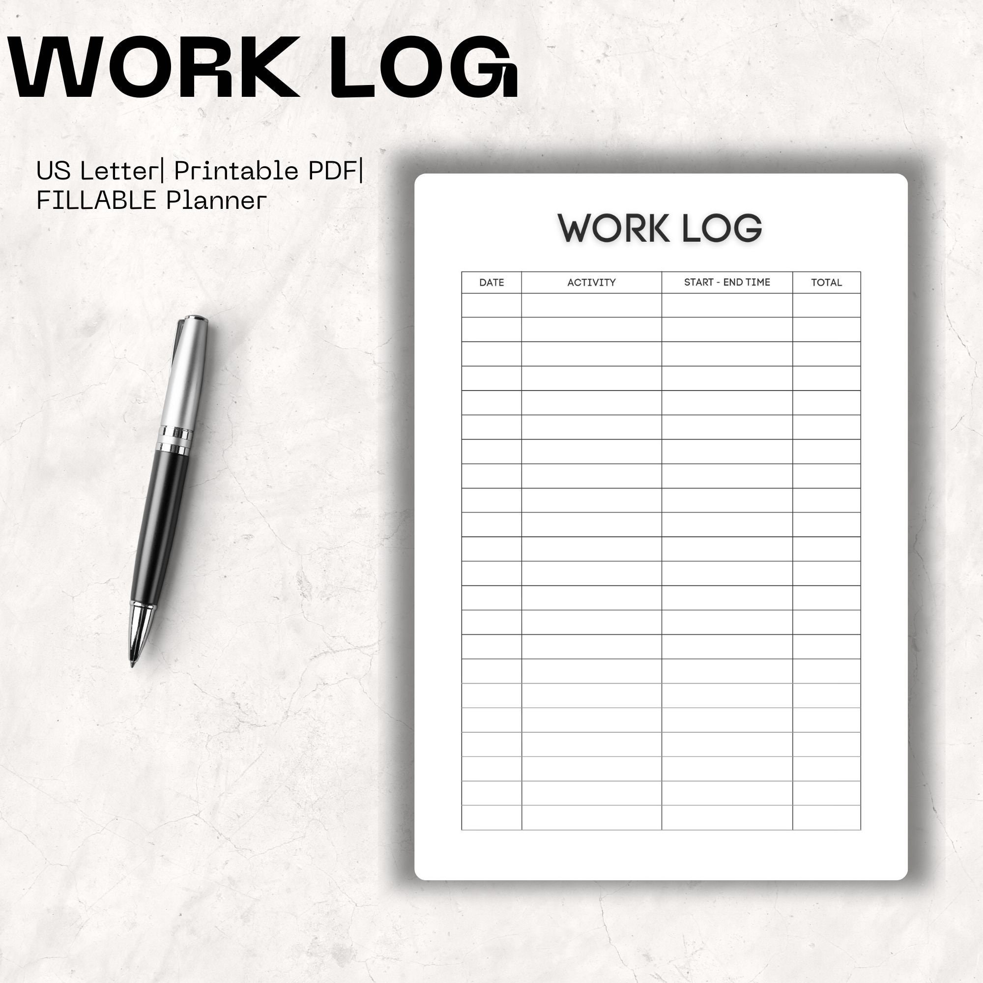 Work Log,printable Work Log,printable Planner,digital Product,daily ...