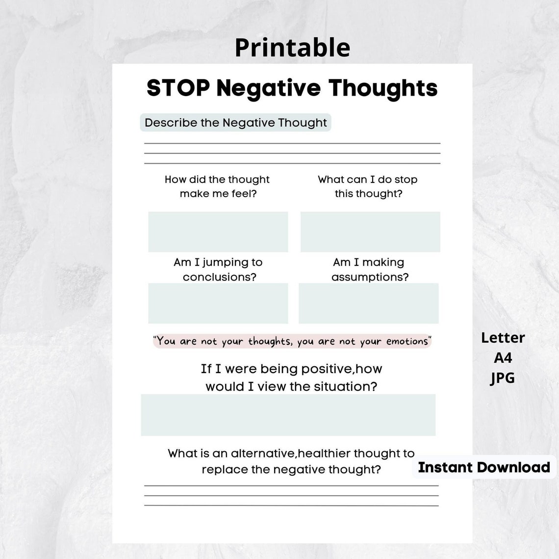 Printable Stop Negative Thoughtsinstant Downloadself Growthmental ...