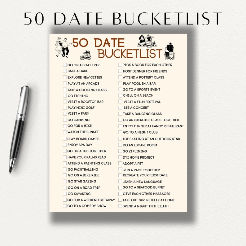 50 Date Bucket list Printable Bucket list Date Ideen Paar Ziele Date ...