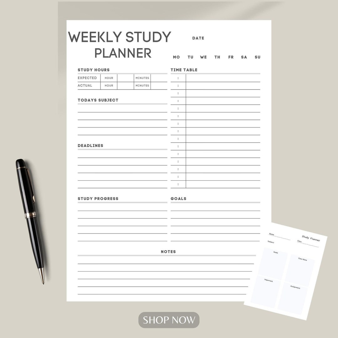 Minimalist Weekly Study Planner, Printable Planner,digital Study ...