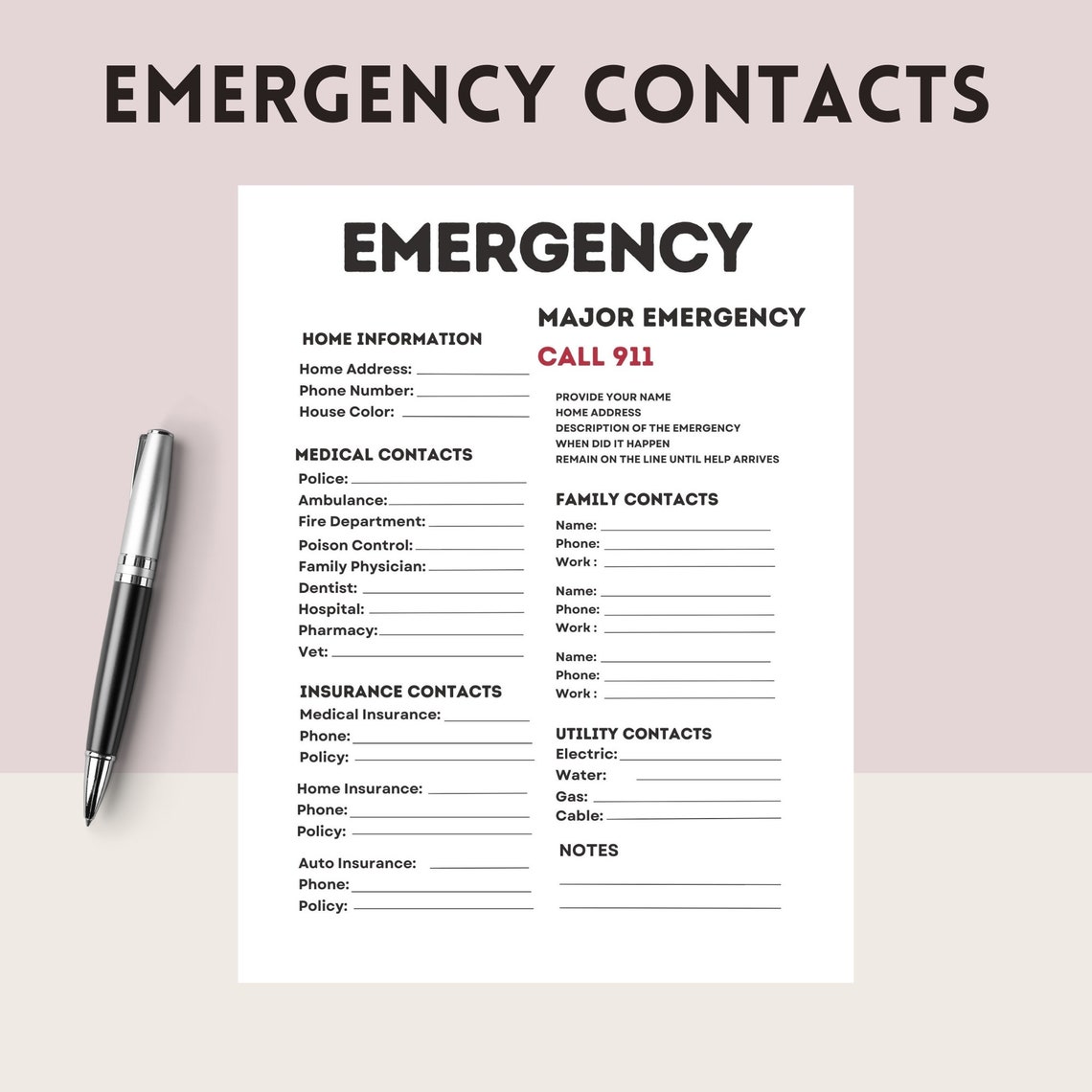 Emergency Contacts, Printable Emergency List,contact Information ...