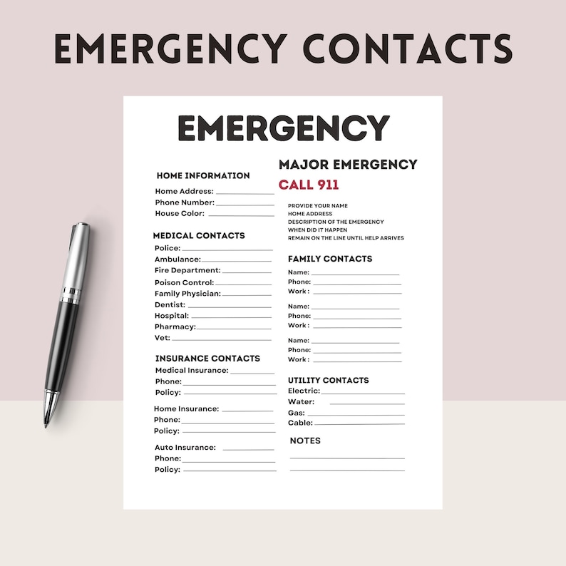 Printable Emergency Contact List: Medical & Family Information (PDF) - Etsy