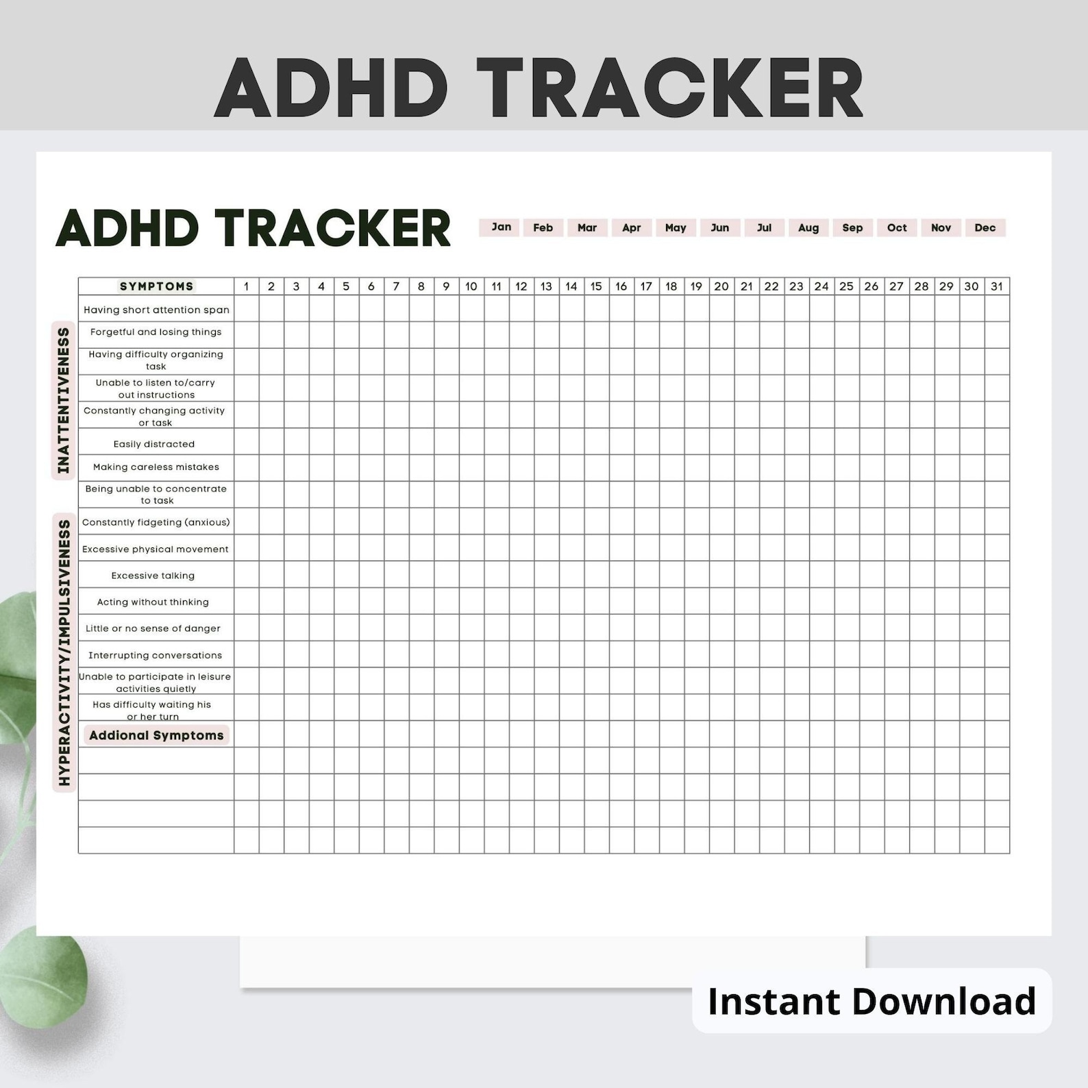 ADHD Symptom Tracker | Printable Planner (digital Product) - Etsy