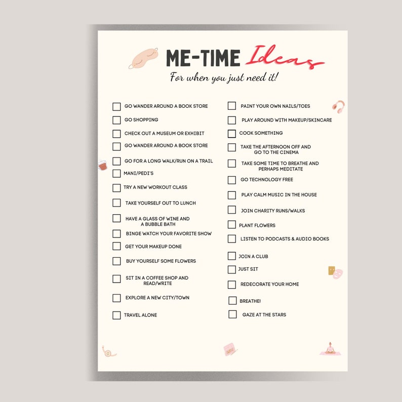 Me Time Ideas Checklist, Self Care Planner, Wellness Journal, Self Care ...