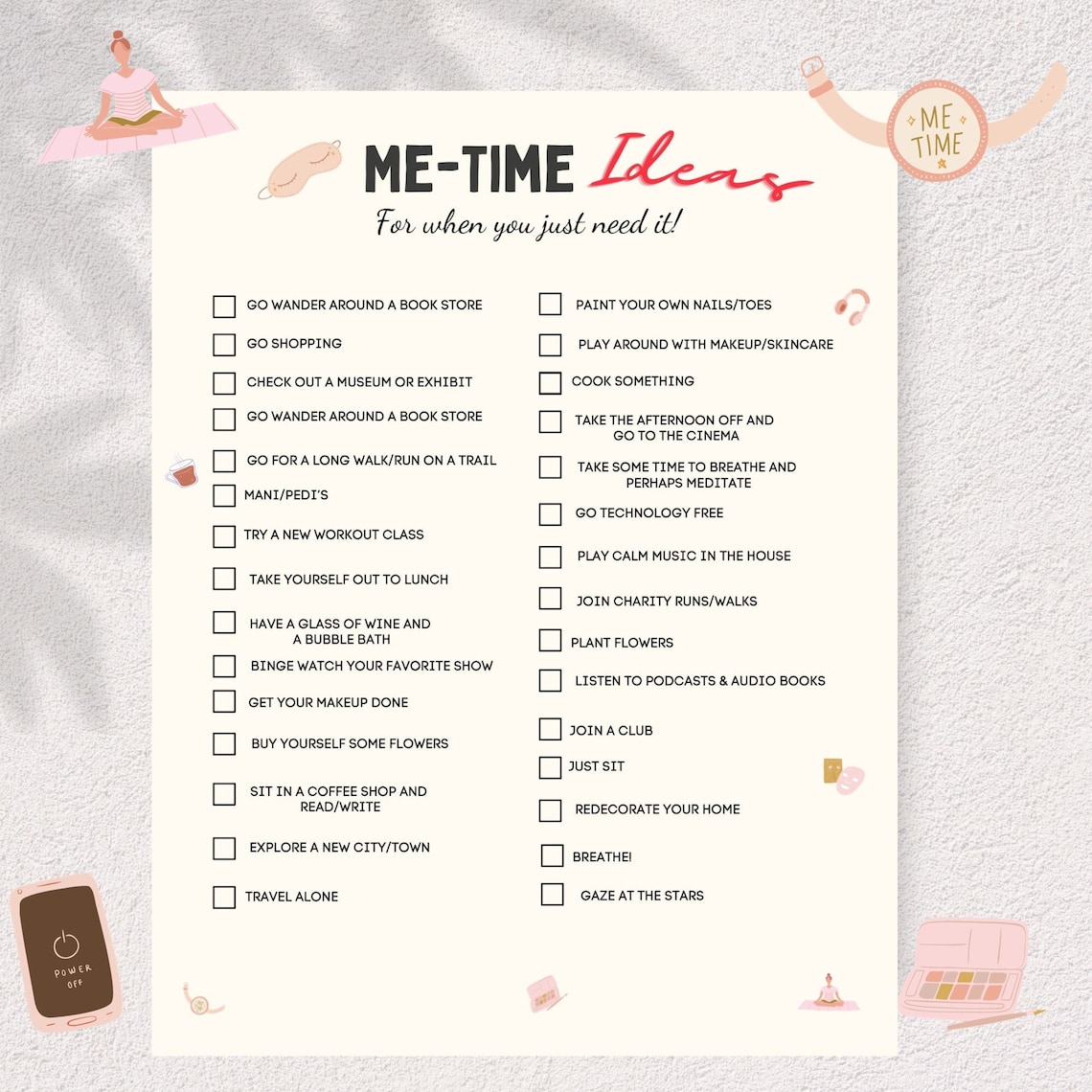 Me Time Ideas Checklist, Self Care Planner, Wellness Journal, Self Care ...