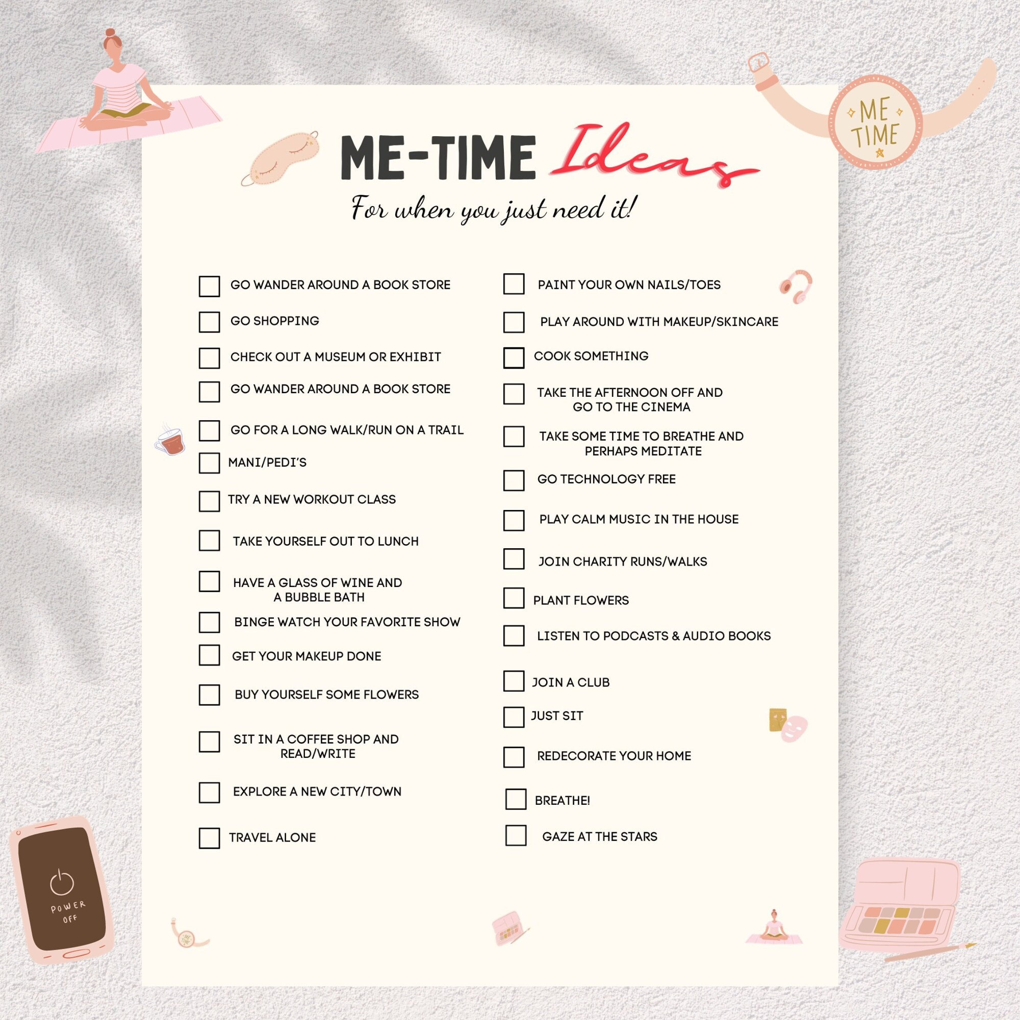 Me Time Ideas Checklist, Self Care Planner, Wellness Journal, Self Care ...