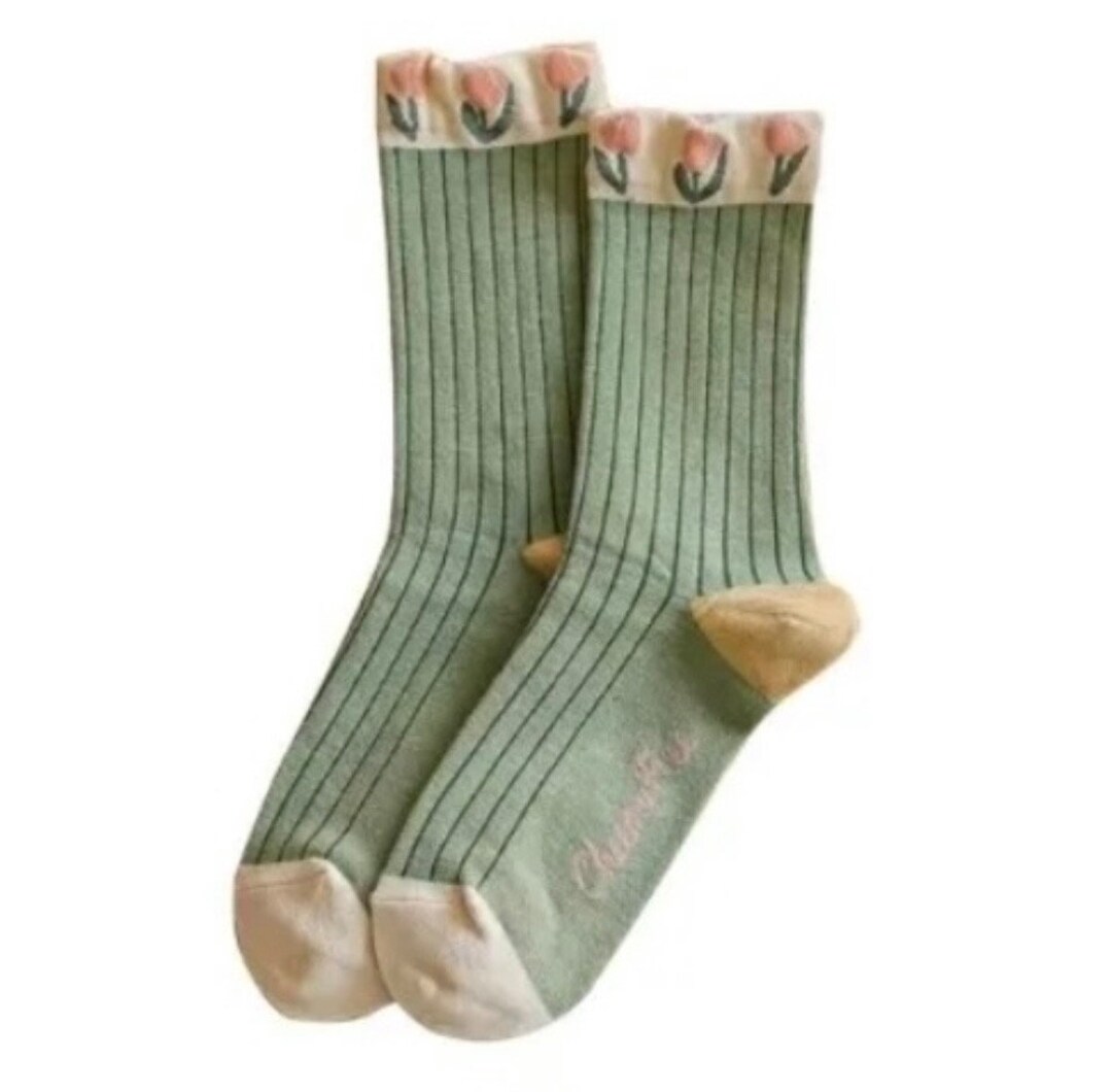 Floral Women’s Cotton Socks, Green Frill Ankle Socks. One Size, Pretty ...