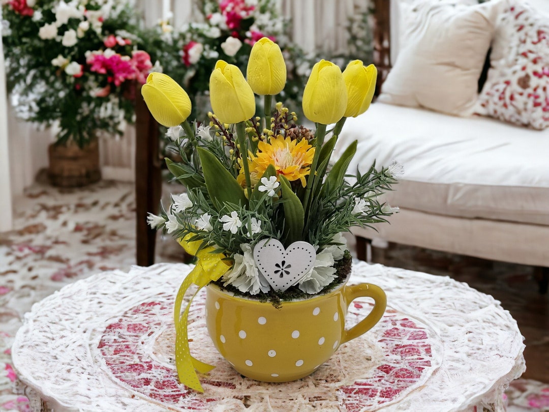 Yellow Fake Tulip in Polka Dot Ceramic Mug, Fake Tulips for Mother's ...