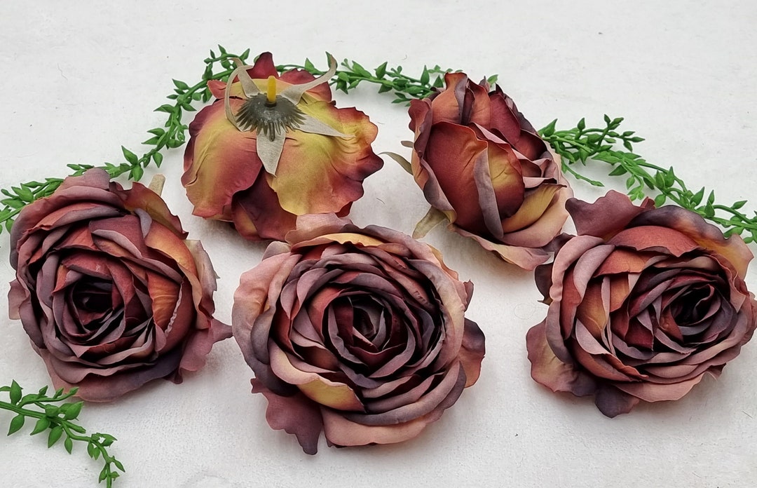 5 Piece Silk Rose Heads: 3.6" Vintage Brownish-red Artificial Flowers ...