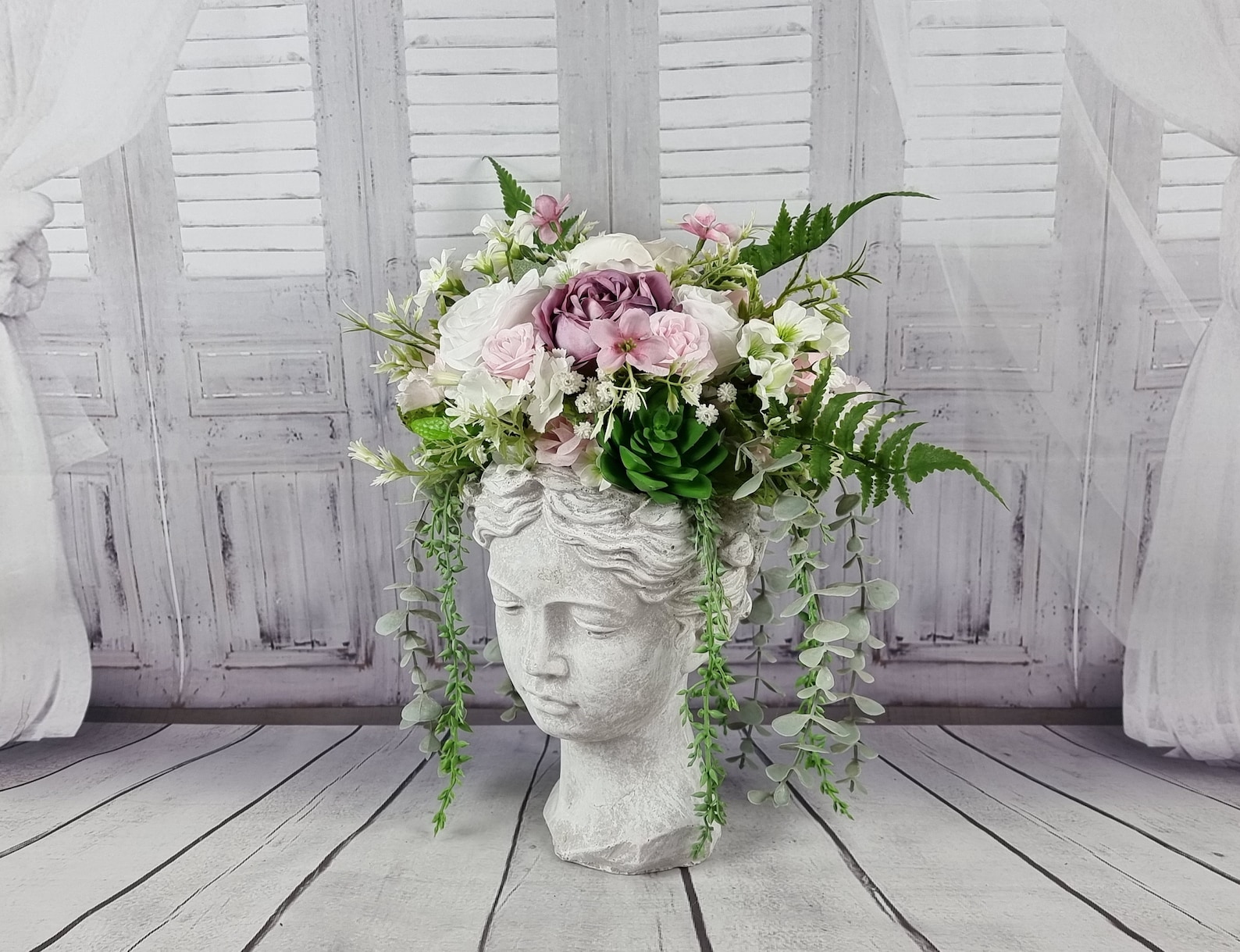 Roman Venus Head Planter: Silk Flower Arrangement, Ceramic Statue (16 ...