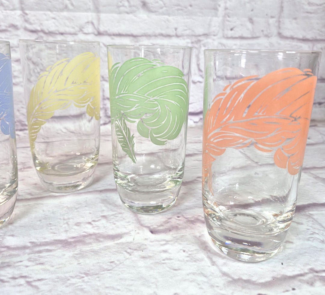 Mid Century Glasses Feather Motif Set of 5 Pastel Colored Tumblers ...