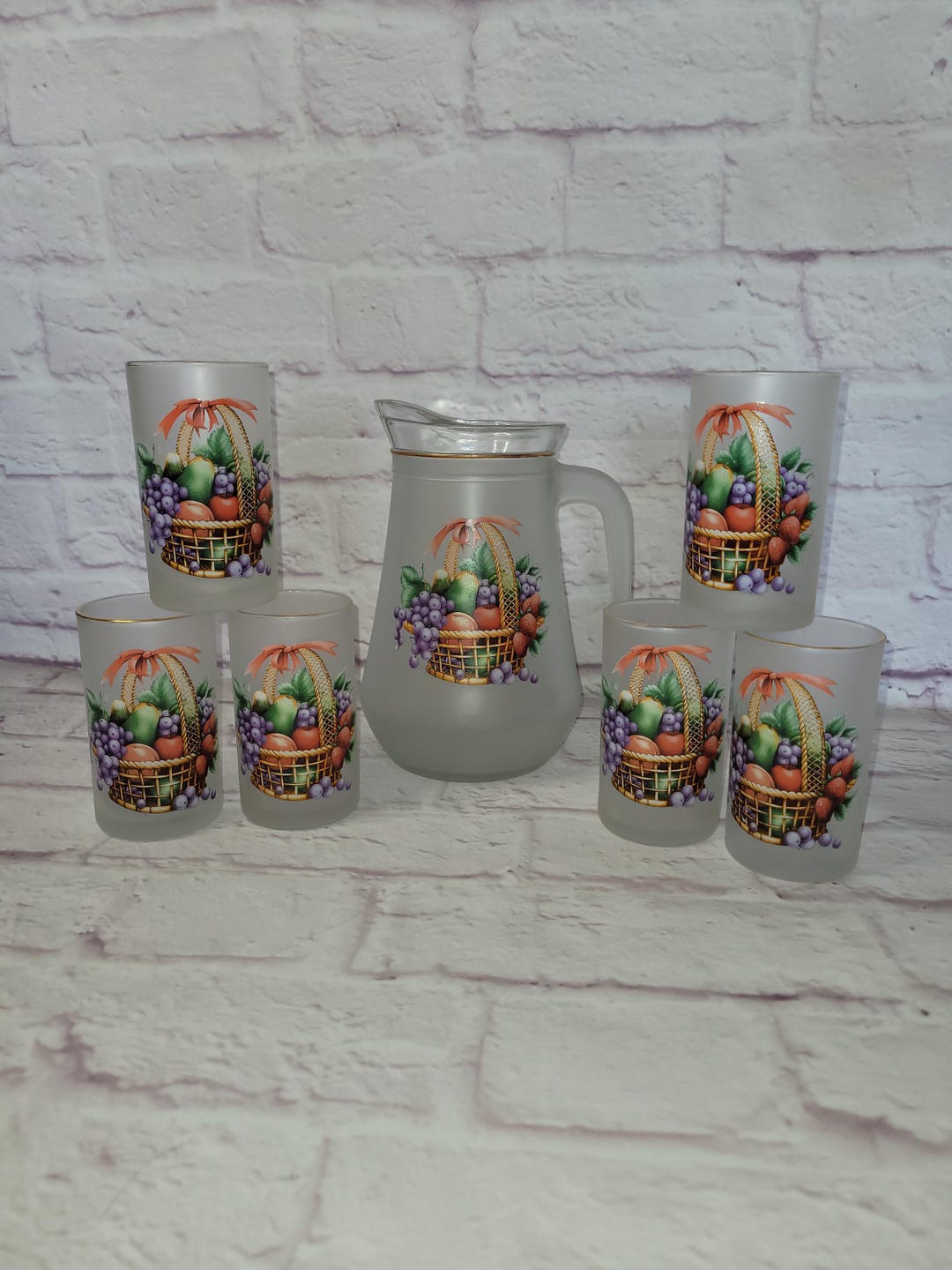 MCM Glass Pitcher Frosted With 6 Glasses | Vintage Pitcher Set With 6 ...