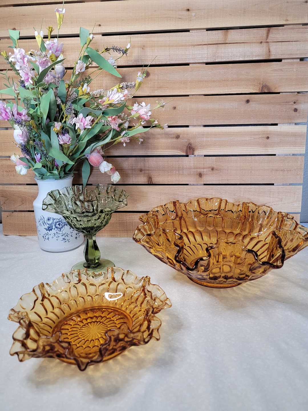 Beautiful Fenton Glass Compotes - Fenton Amber Compote - Fenton Green ...
