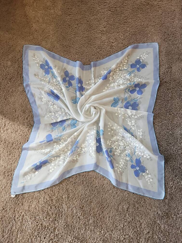 Vintage Vera Silk Scarf Large Blue and White Floral Silk Scarf Scarves ...