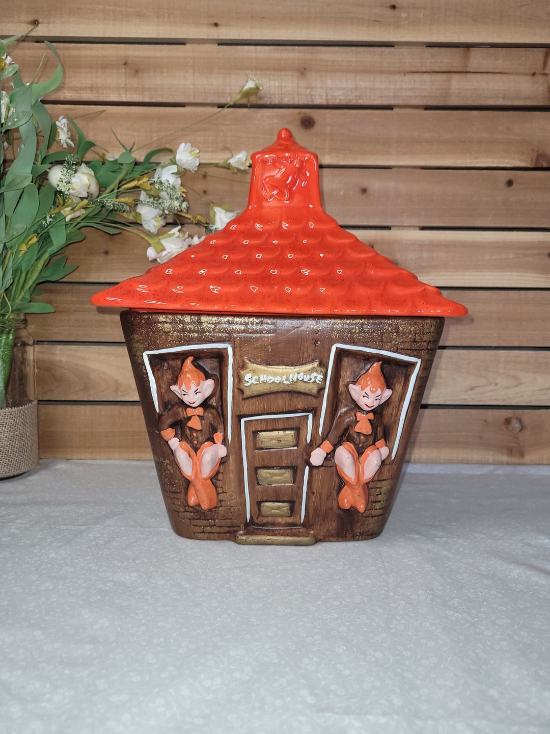 Vintage Elf School House Cookie Jar 70's Pixie Orange and Brown Cookie Jar Retro Cookie Jars ...