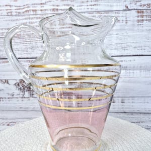 Mid Century Glass Pitcher Pink & Gold Frosted Striped, Large Beverage ...
