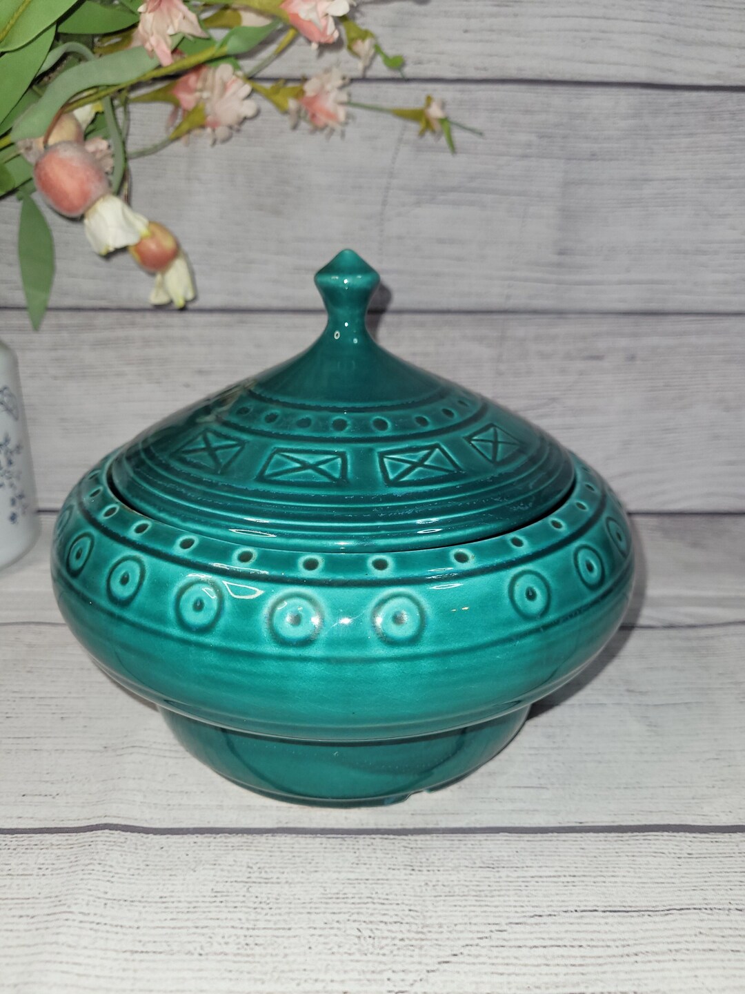 Vintage California Pottery Blue Green Lidded Dish - Large Ceramic Ca ...