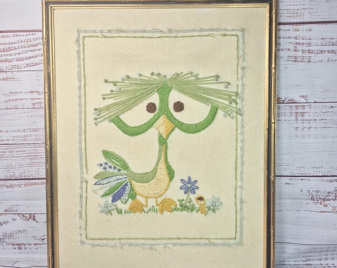 Vintage Crewel Embroidery Art, Mortimer Bird, Large Framed RARE 1970s ...