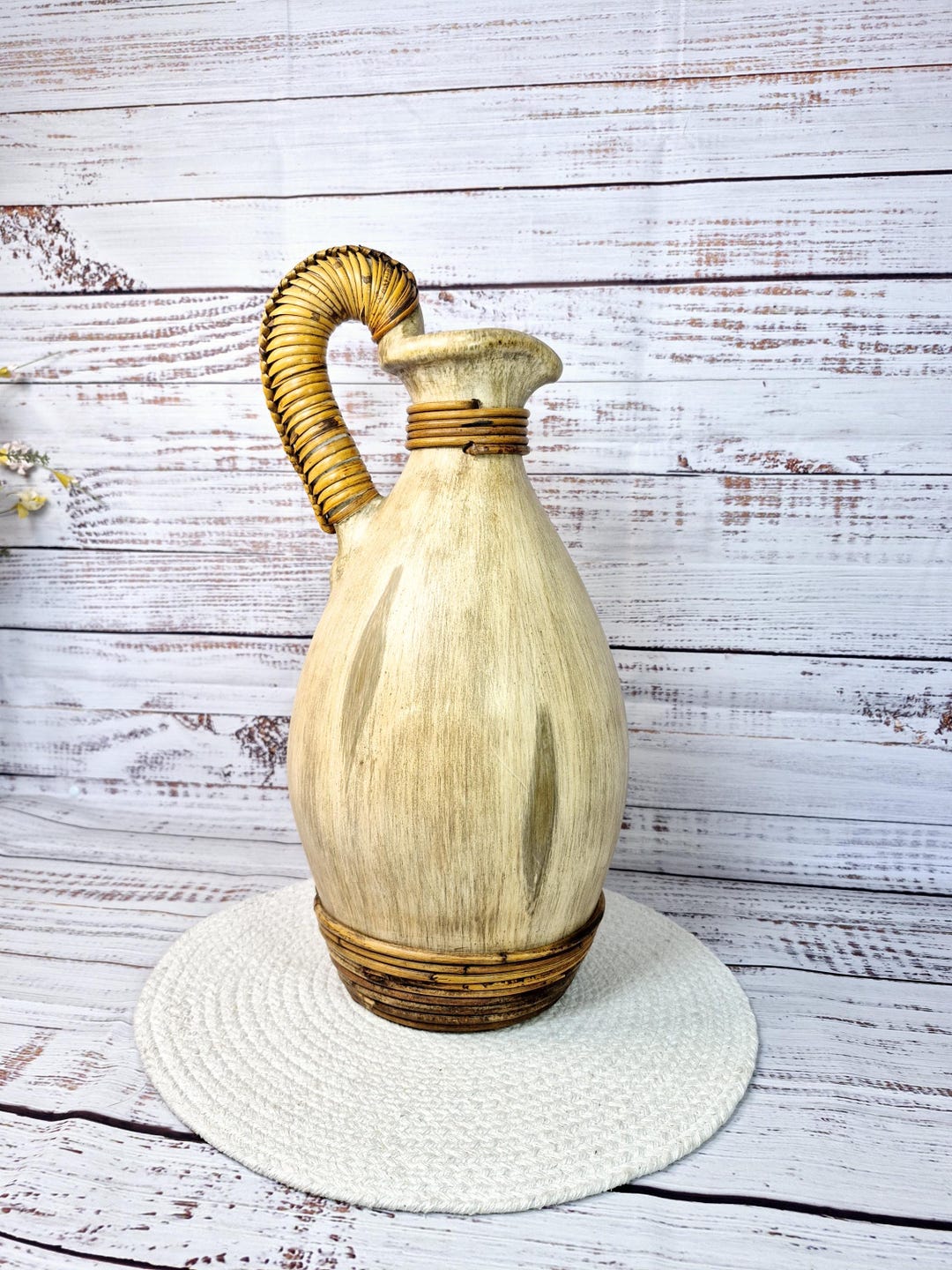 Vintage Rattan Wrapped Terracotta Pitcher – 18” Rustic Pottery Jug Vase ...