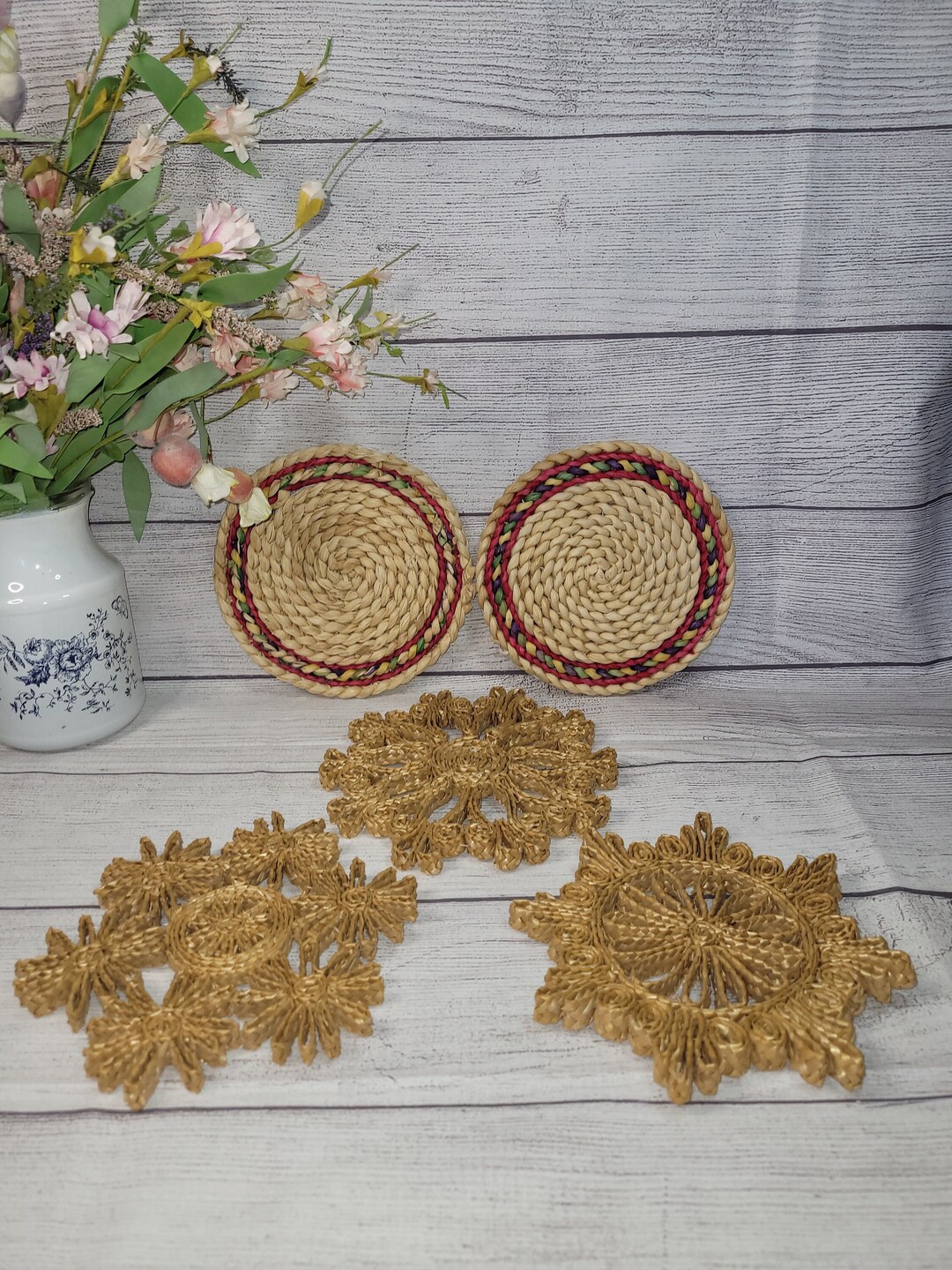 Vintage Woven Rattan Wicker Trivets, Round Circle Hot Pads, Trivets SET ...