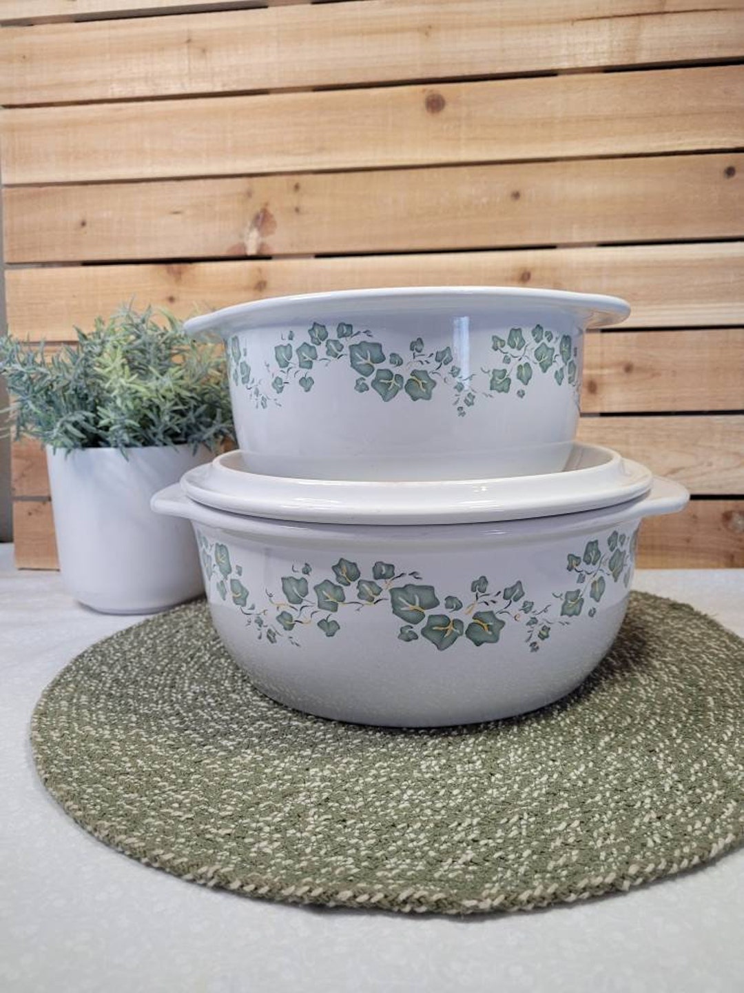 Vintage Corelle Coordinates Green Ivy Stoneware Lidded Casserole Dishes ...